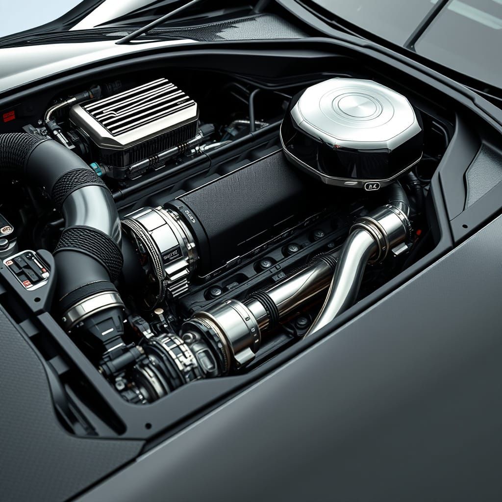 a supercar's engine - Sleek Supercar Engine in Hyper-Detaile...