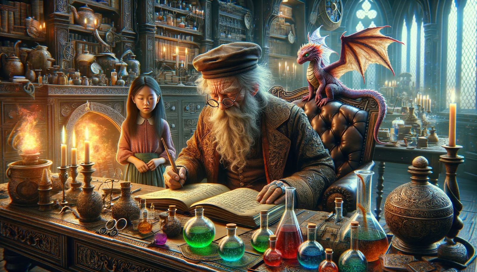 A grizzled old wizard scribes a new spell into his thick leather bound ...