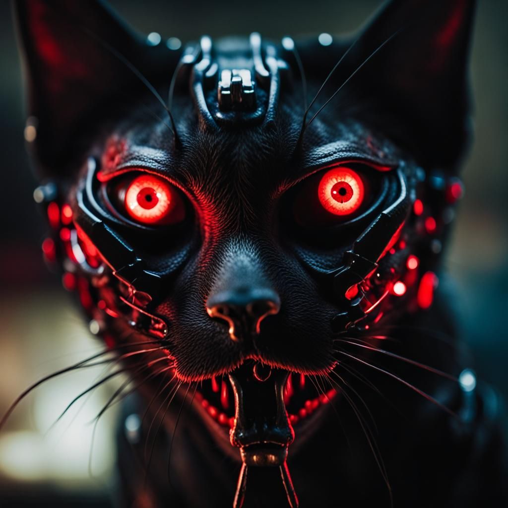 Cyborg zombie black cat, with one cybernetic glowing red eye, ready to ...