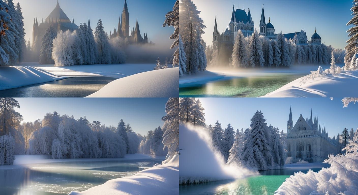 Frozen river with a cathedral, running through incredible frost covered ...