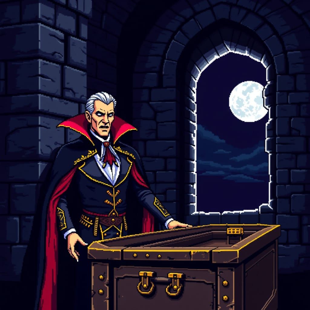 Pixel Art Vampire - Pixel Art Vampire in Dark Castle