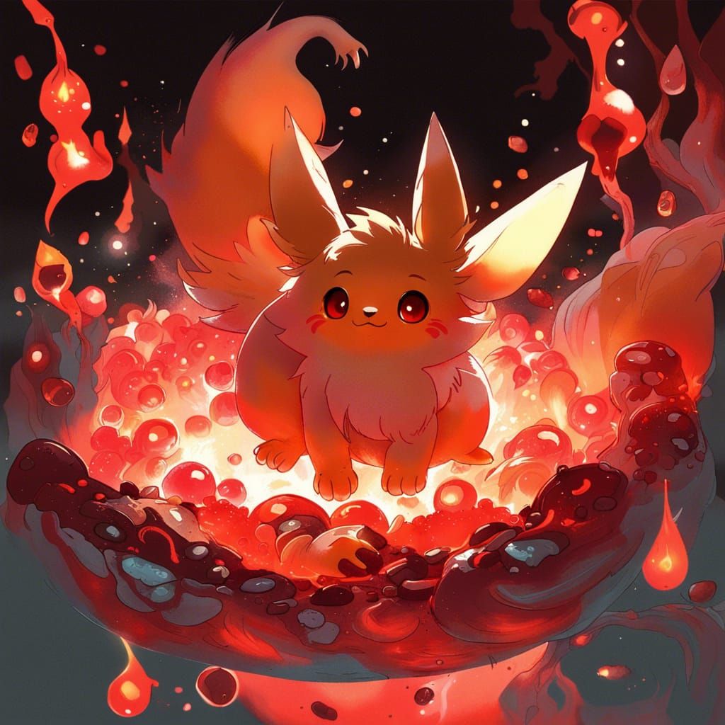 cute flareon taking a magical bath in bioluminescent red glow fairy ...