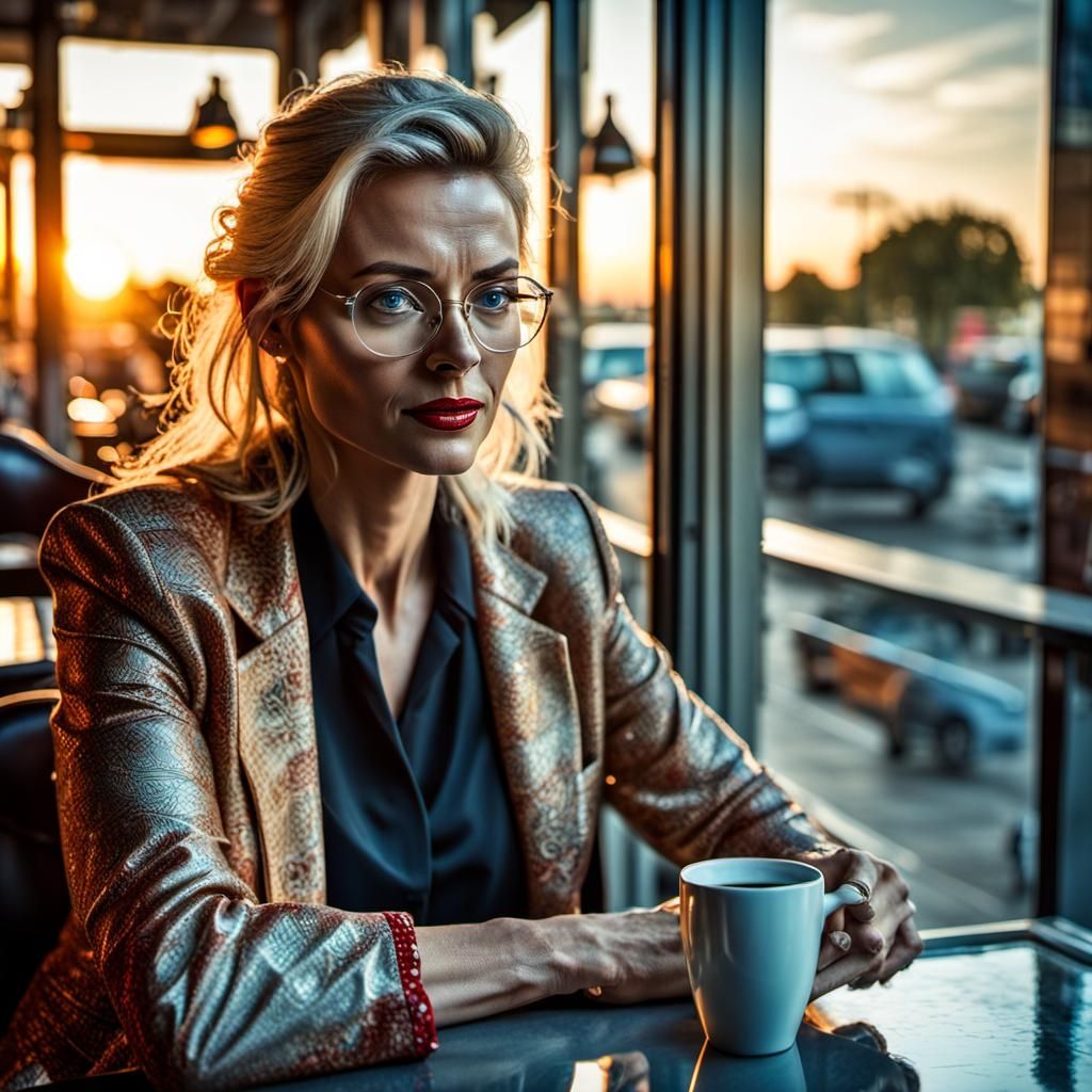 the woman sitting at the table by the glass in the cafe with the ...