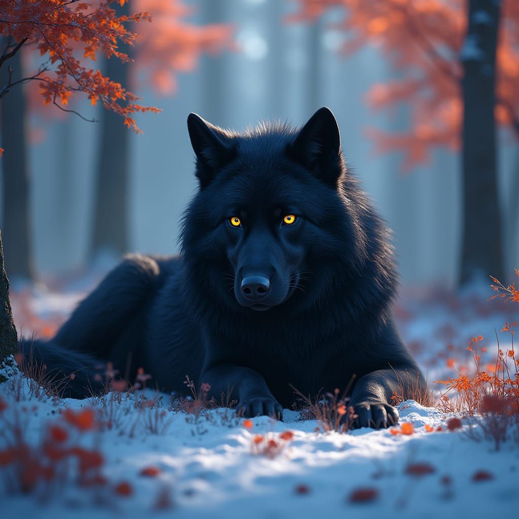 Confident and bold - Majestic Black Wolf in Snowy Glade