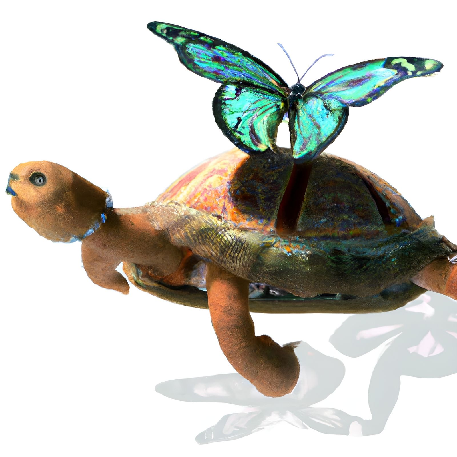 one whole Turtle with a butterfly riding along on his back ...