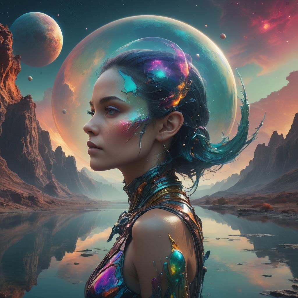 Double exposure. Side profile portrait of a beautiful woman. a colorful ...