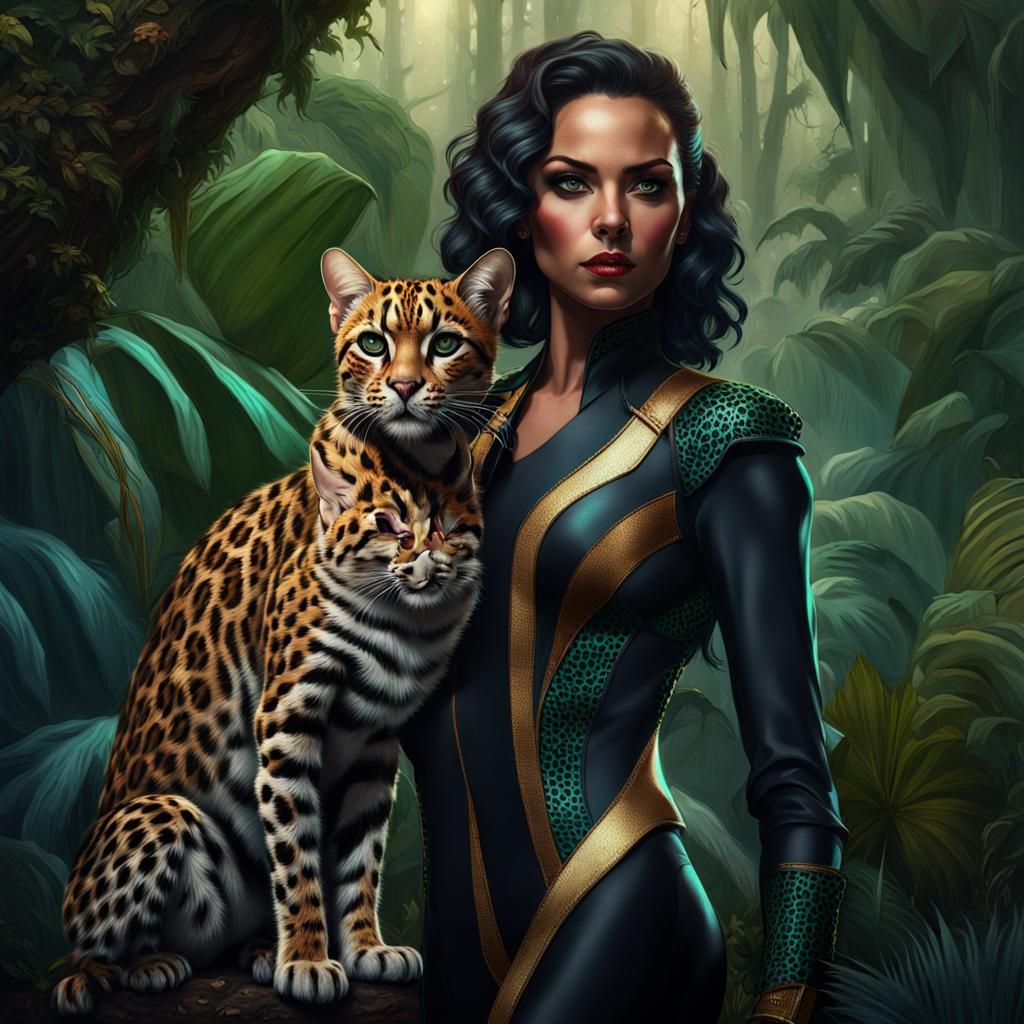 Gorgeous leopard cat woman with her pet leopard standing beside her ...