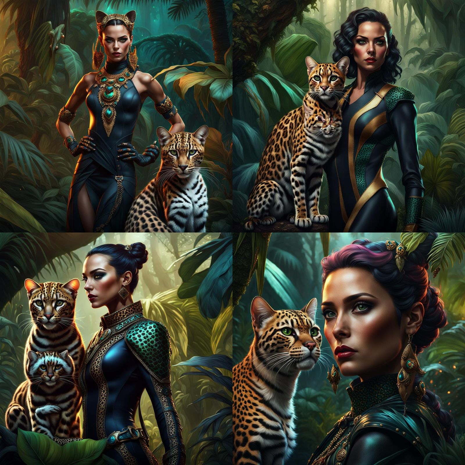 Gorgeous leopard cat woman with her pet leopard standing beside her ...