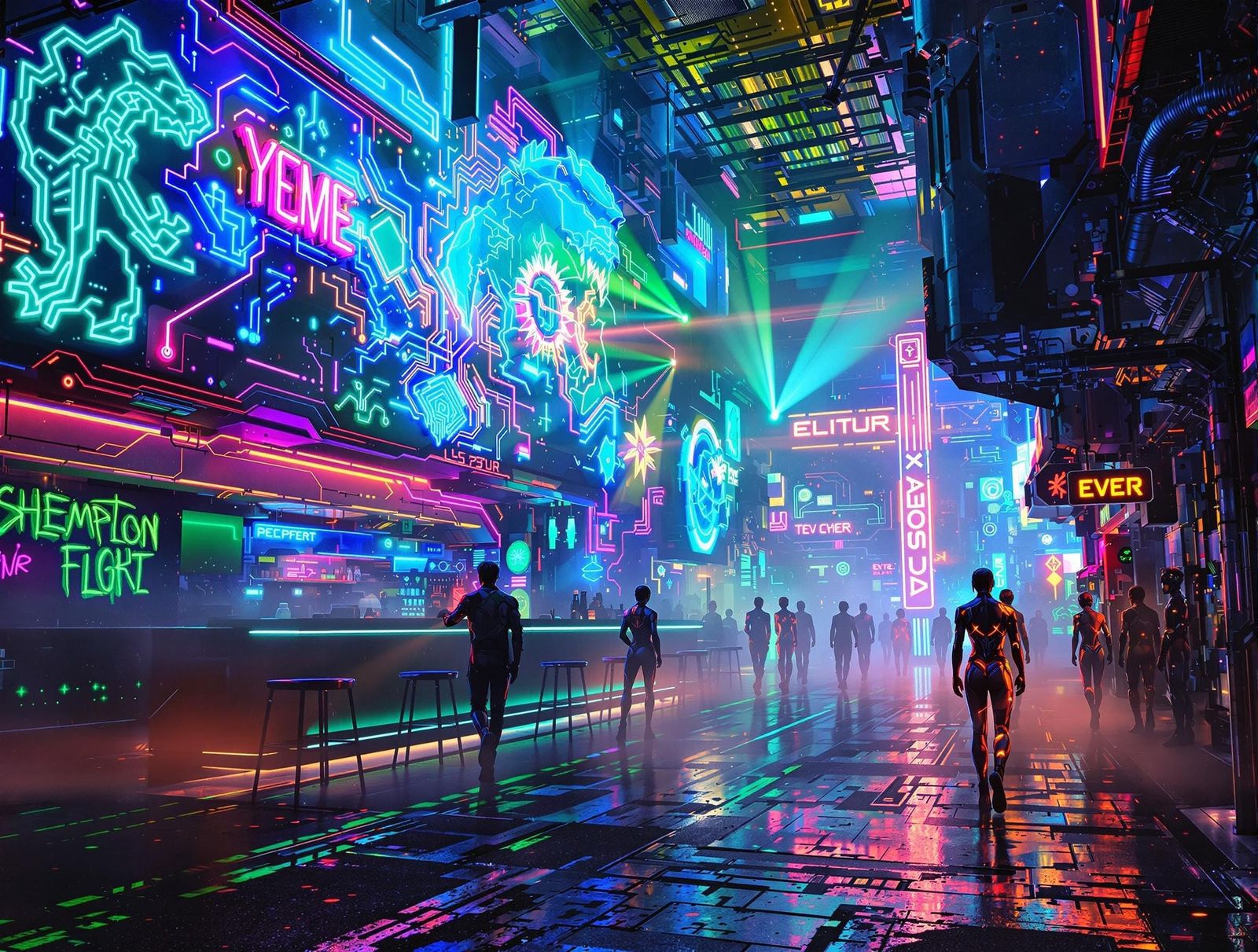 Cyberpunk neon themed nightclub. Jagged neon signs bleed onto slick ...