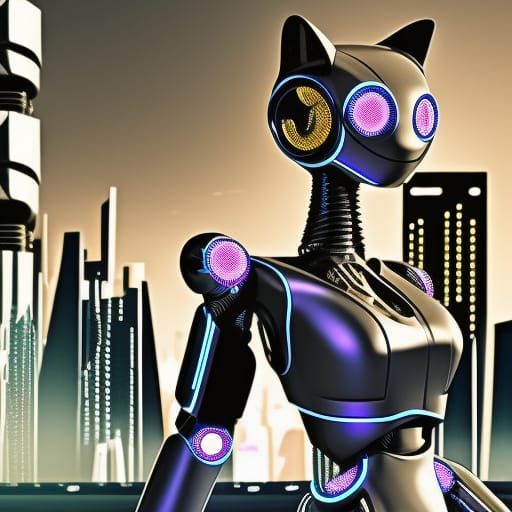 robotic female cat with a rising sun and a futuristic city in the ...