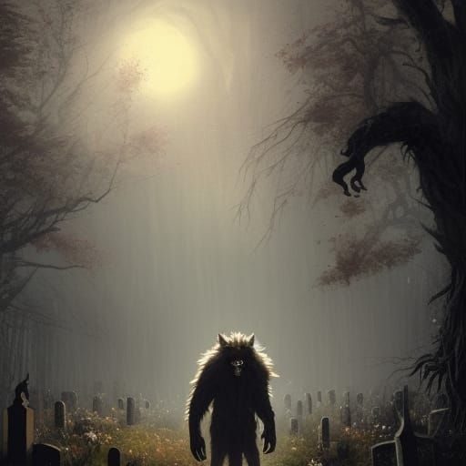 A tall and hairy werewolf with red eyes creeping closer and closer to ...