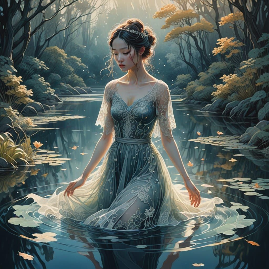 Lake - Ethereal Water Nymph Rises from Lake's Surface in Dre...