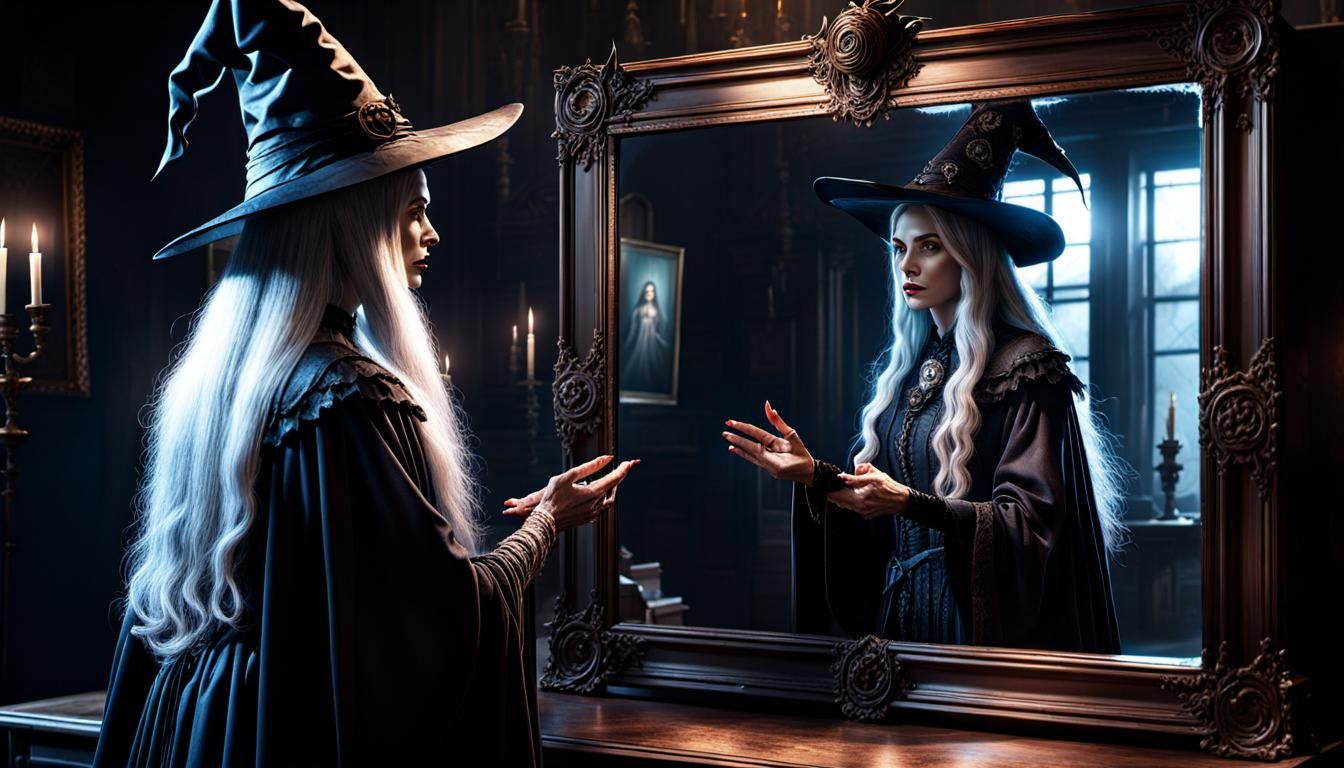 An old ugly witch is stand in front and touch the mirror, the mirror ...