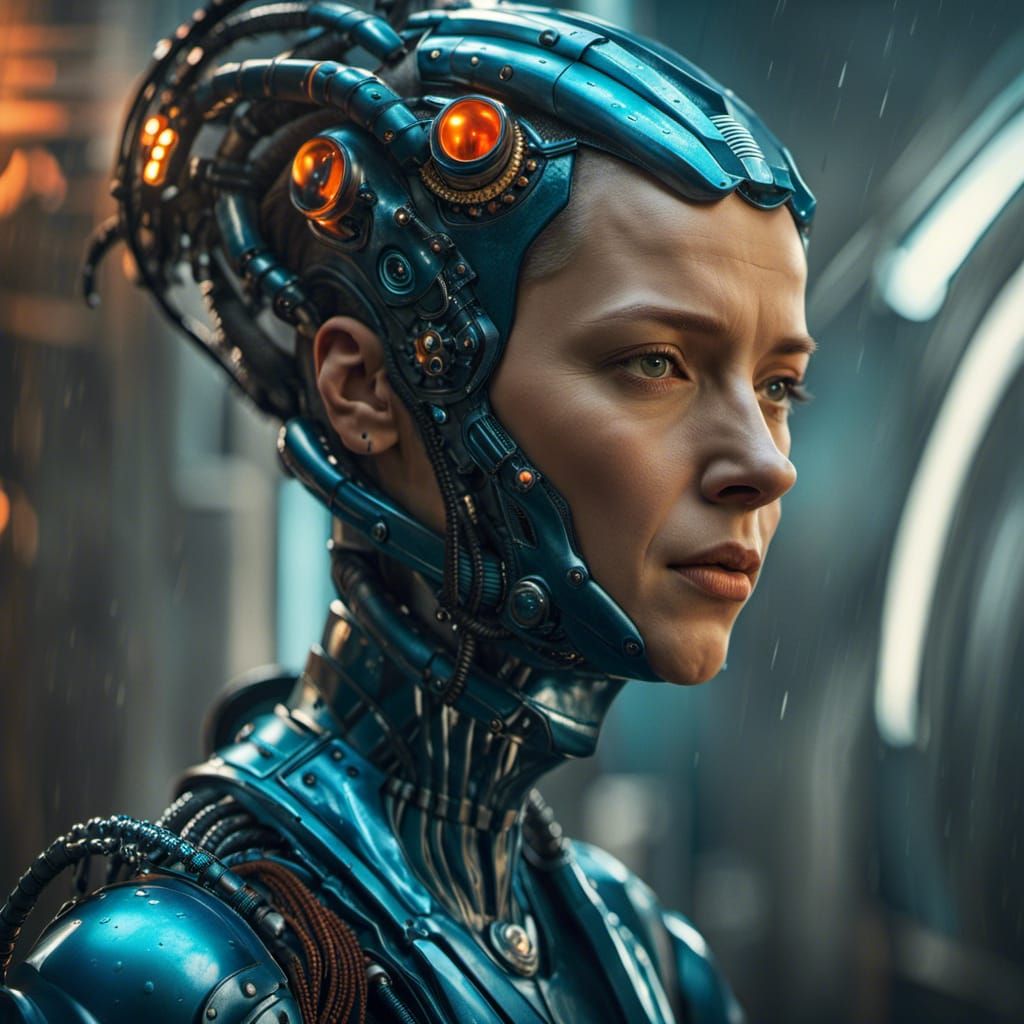 A highly detailed photo of a blue female cyborg inspired by H.R. Giger ...