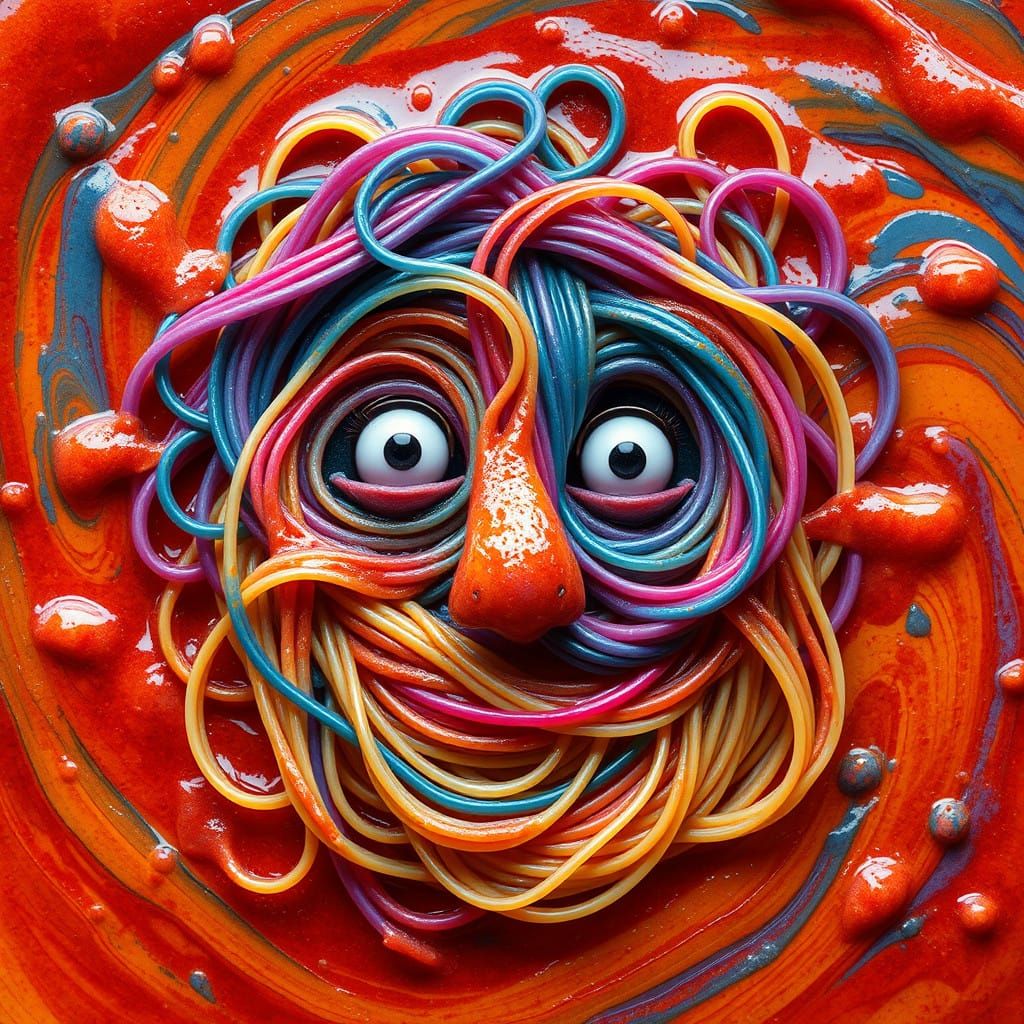 Spaghetti face - Whimsical Spaghetti Portrait in Vibrant Sw...
