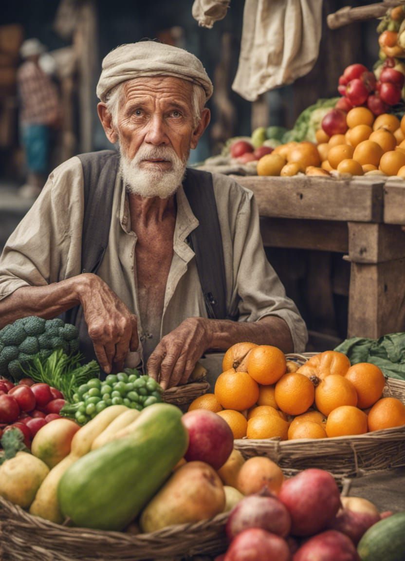 A beautiful realistic old merchant with country market stand - AI ...