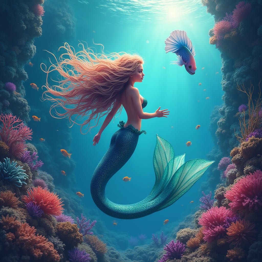 A beautiful underwater scene with a mermaid and a betta fish swimming ...