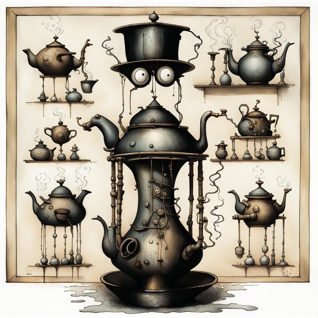 Steaming Teapot in art brut style by Santiago Caruso, Skottie Young and ...