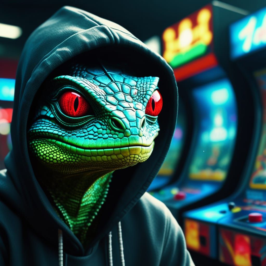 Mysterious Lizard Alien in Neon-Lit Arcade - AI Art