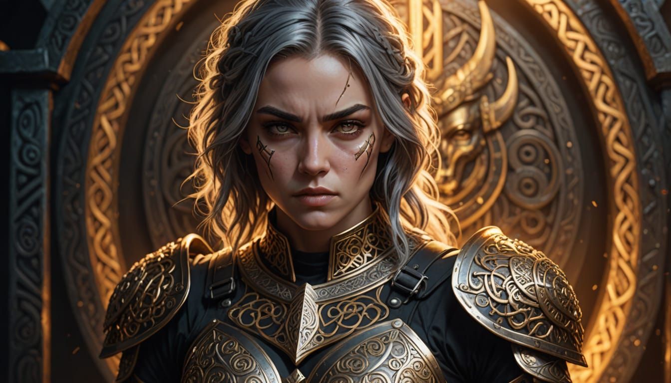 Fierce female warrior, intricate Celtic body armor