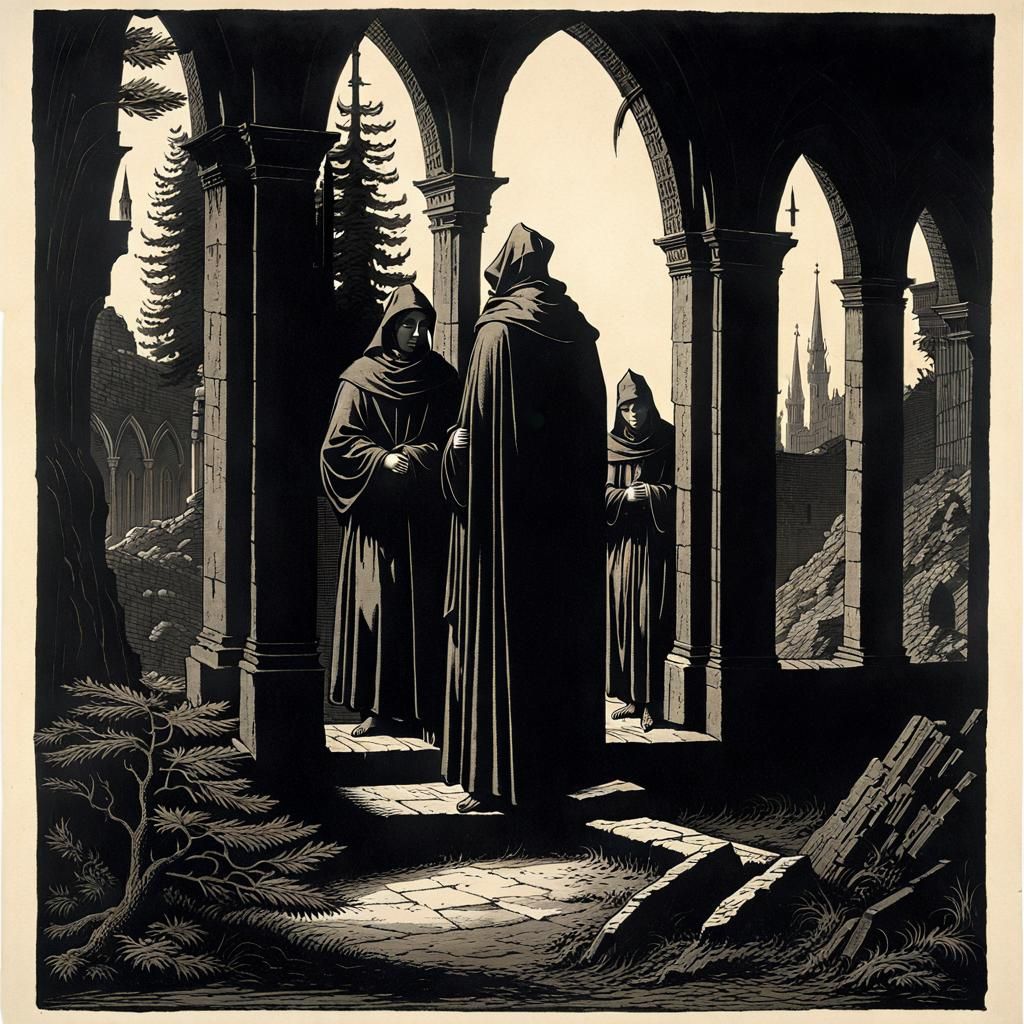 Two medieval monks in the haunted ruins of an ancient cloister, dark ...