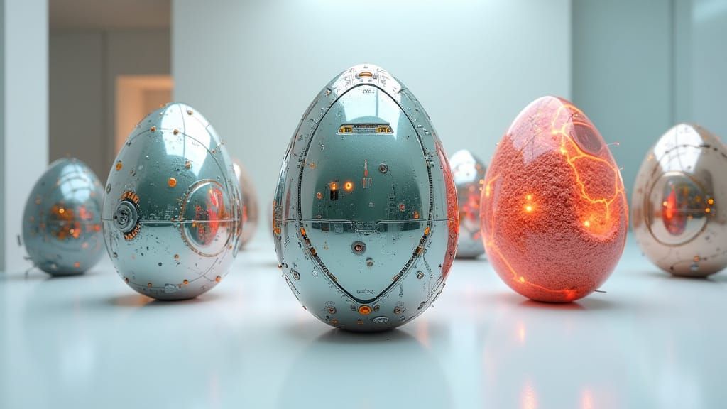 A collection of futuristic, biomechanical eggs displayed in a sleek ...