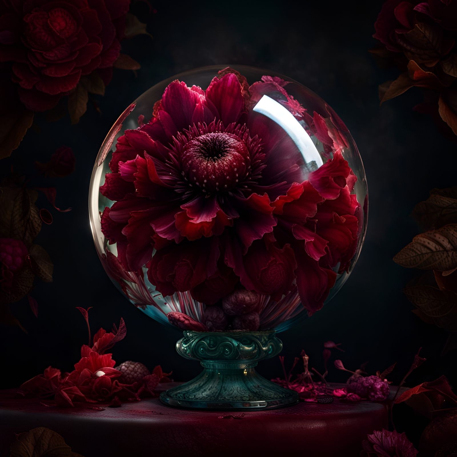 Dark red poisonous beguiling flower velvet flower petals growing in a glass sphere or vial epic ...