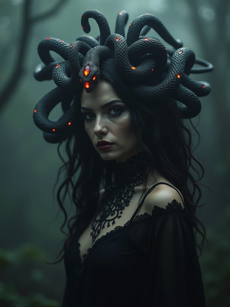 Antagonist Medusa with snakes for hair, with gems of mist - AI ...