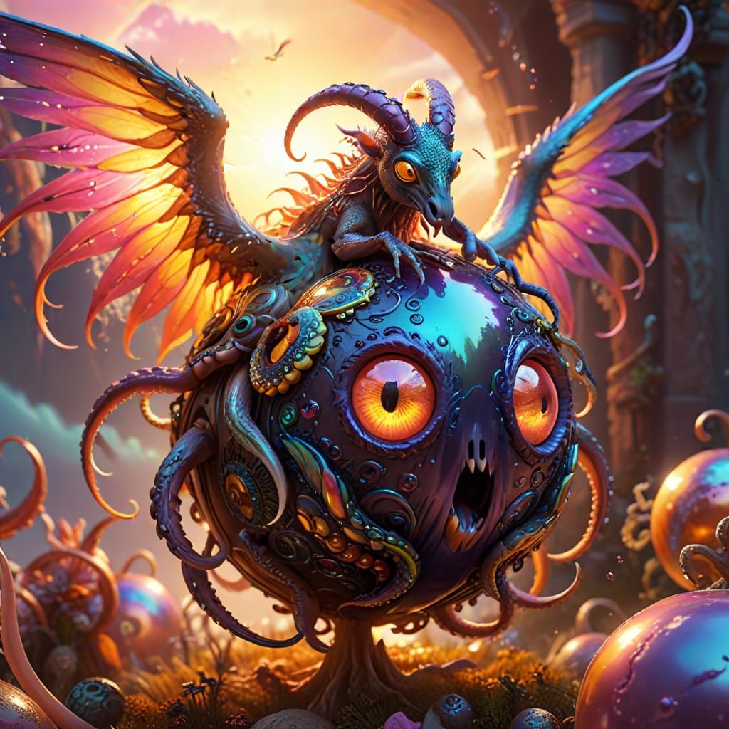 Surreal Creature Chasing Goats with Wings and Tent... - AI Art