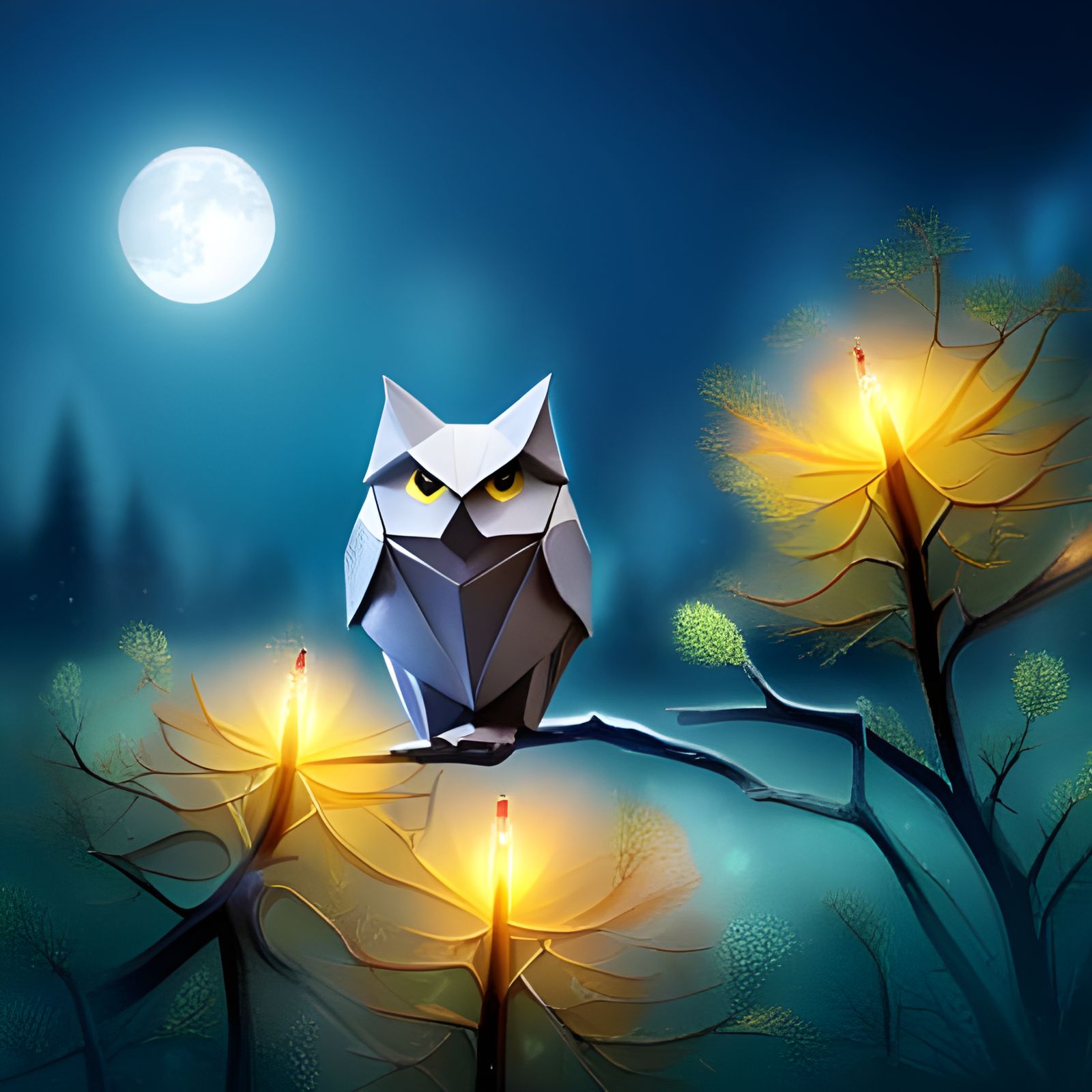 origami owl on a tree at night - AI Generated Artwork - NightCafe Creator