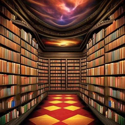 Infinite library with lots of books, vast interior, many books ...