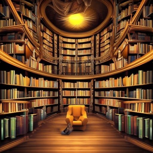 Infinite library with lots of books, vast interior, many books ...