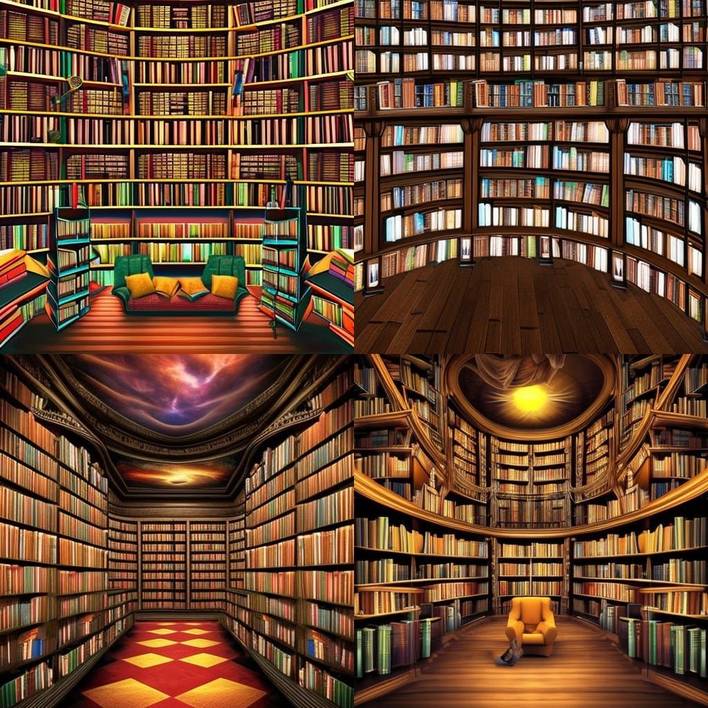 Infinite library with lots of books, vast interior, many books ...