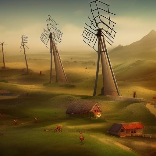 Odd Windmills beside the farm - AI Generated Artwork - NightCafe Creator