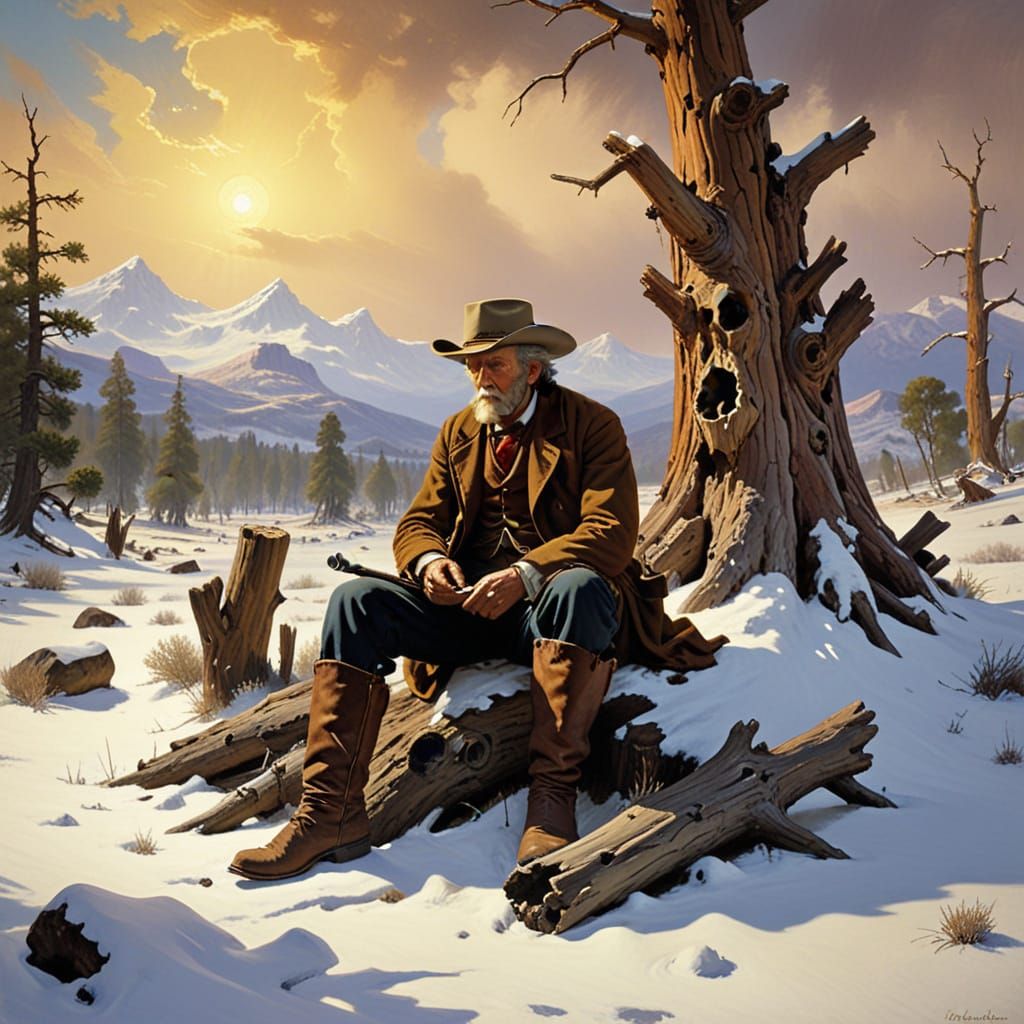 Desolate Sierra Nevada Landscape with Papa Picking... - AI Art