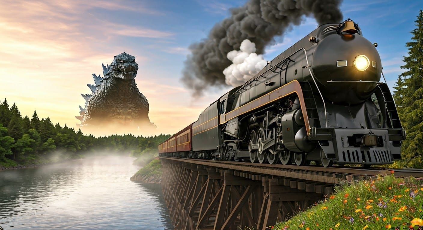Godzilla Playing with is Train set - Majestic Steam Locomoti...