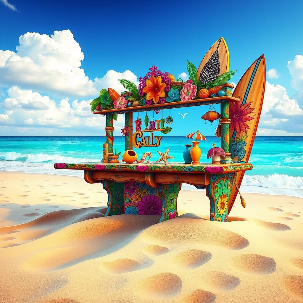Vibrant Surf Desk Buried in Miami Beach Sand - AI Art