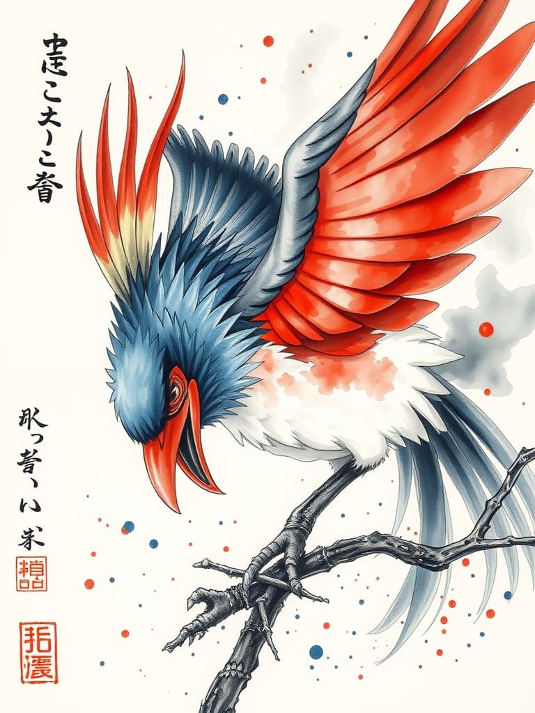 Ethereal Karasu Tengu Masterpiece in Vibrant Water... - AI Art