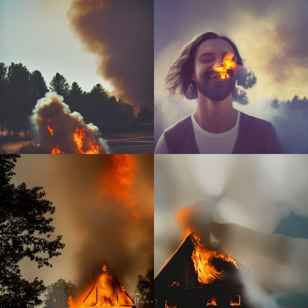 Jesus Christ laughing in a cloud of smoke, hovering over a burning ...