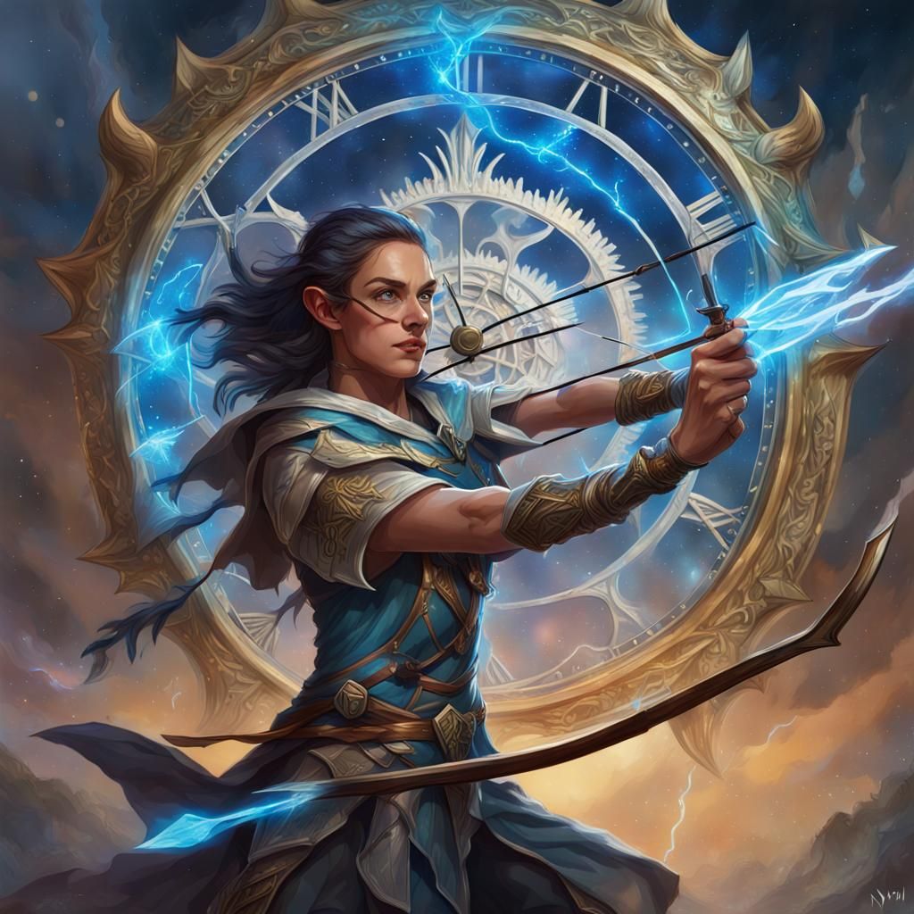 Card art for a magic the gathering card. Time's Arrow is a blue instant spell. An archer ...