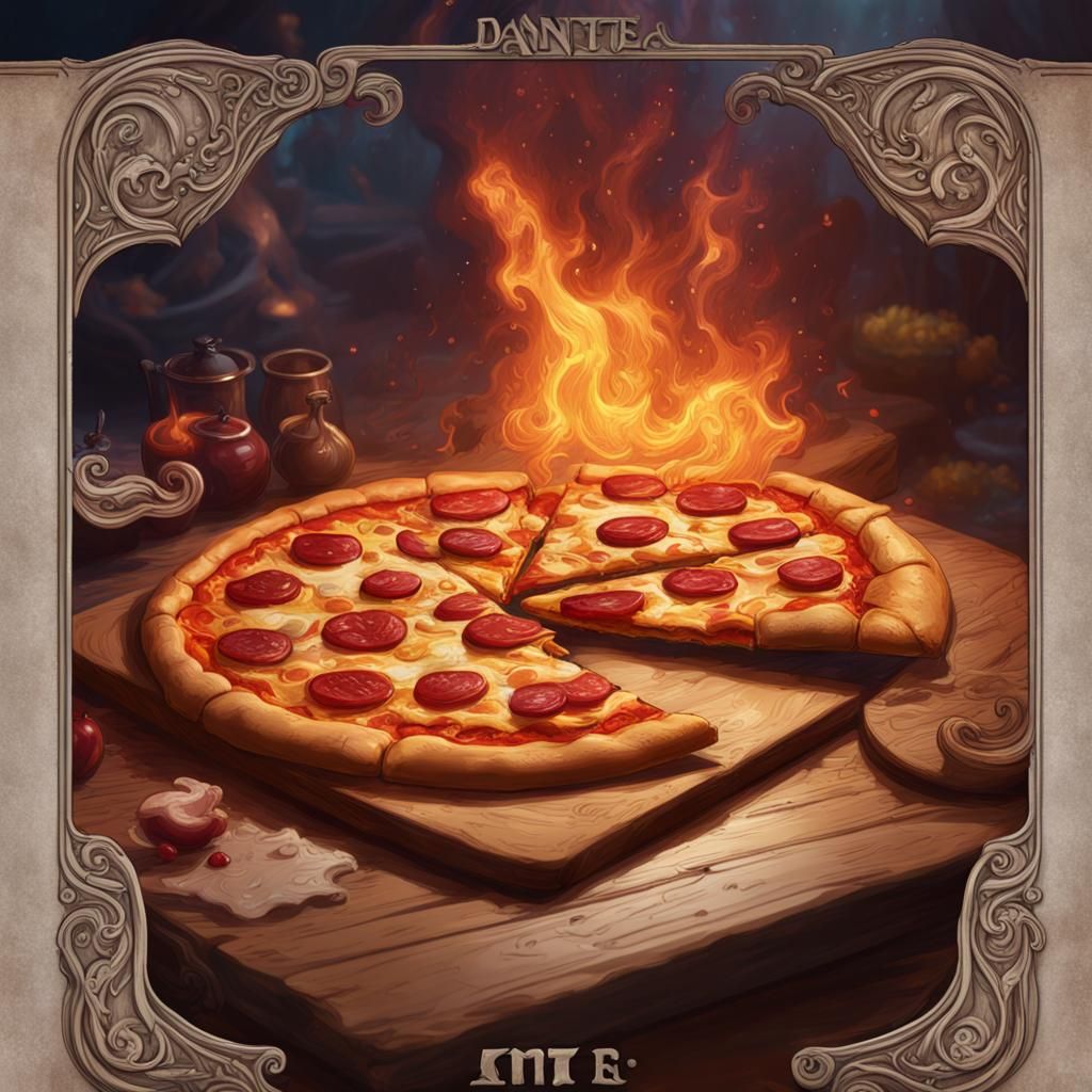 draw a mtg counterspell card with dante, pizza and mandolino - AI ...