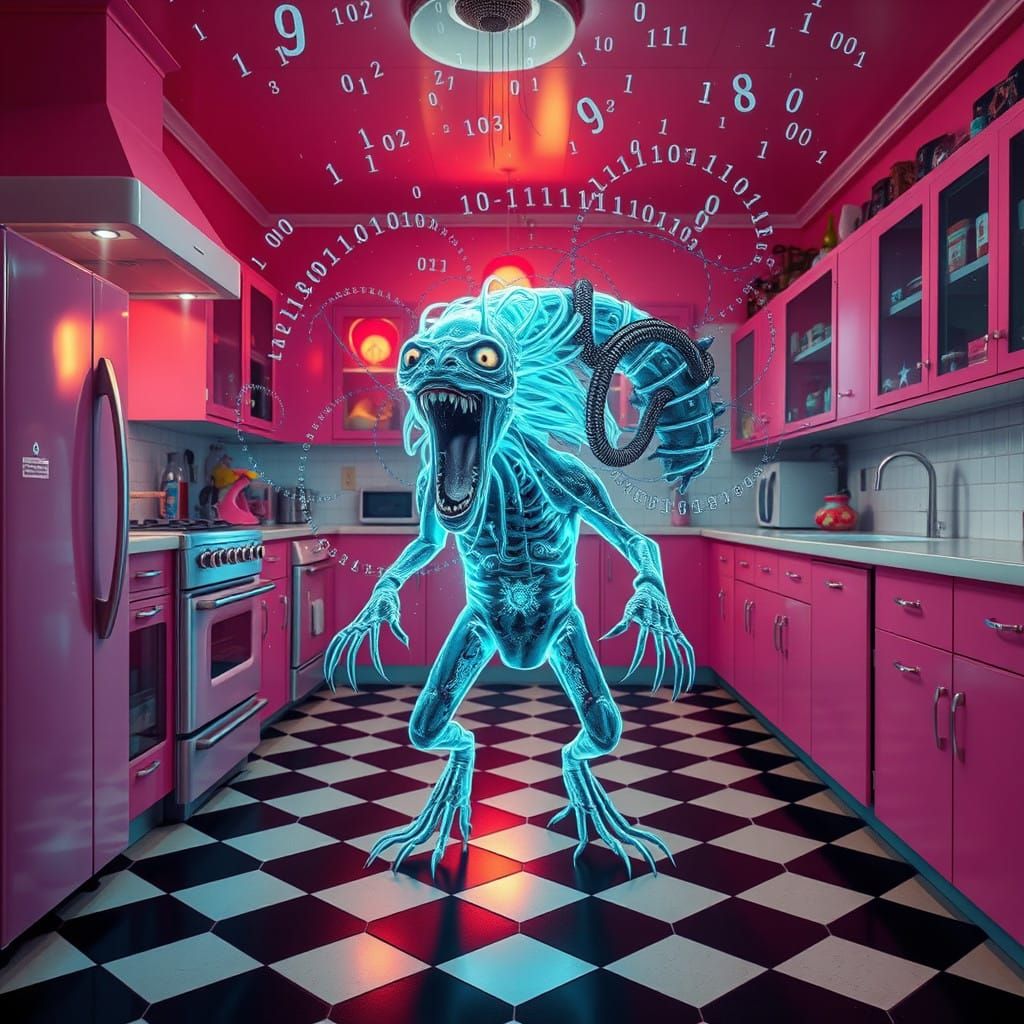 Surreal Retro Kitchen Creature Overwhelmed by Bina... - AI Art