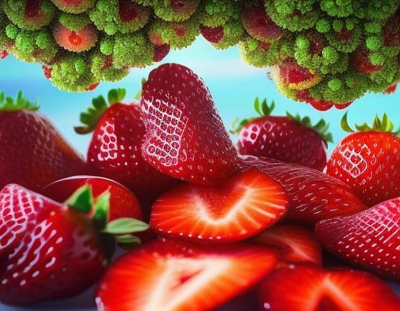 Strawberries with birds, flowers, fairytale, magic realism, mysterious ...