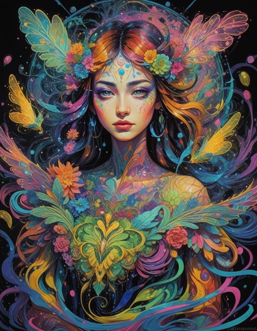 Mystical Angel with Psychedelic Feathers in Glowin... - AI Art