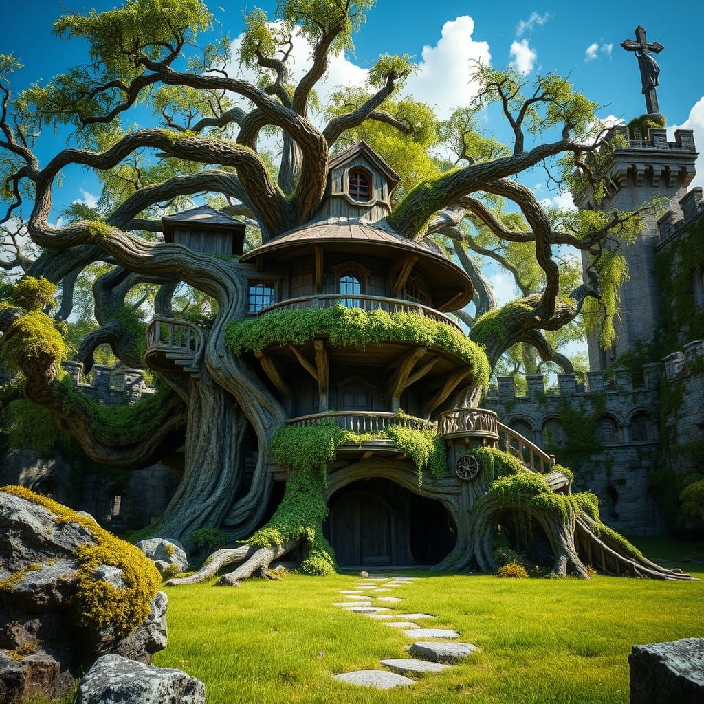 Majestic Treehouse in a Weathered, Organic Wonderl... - AI Art