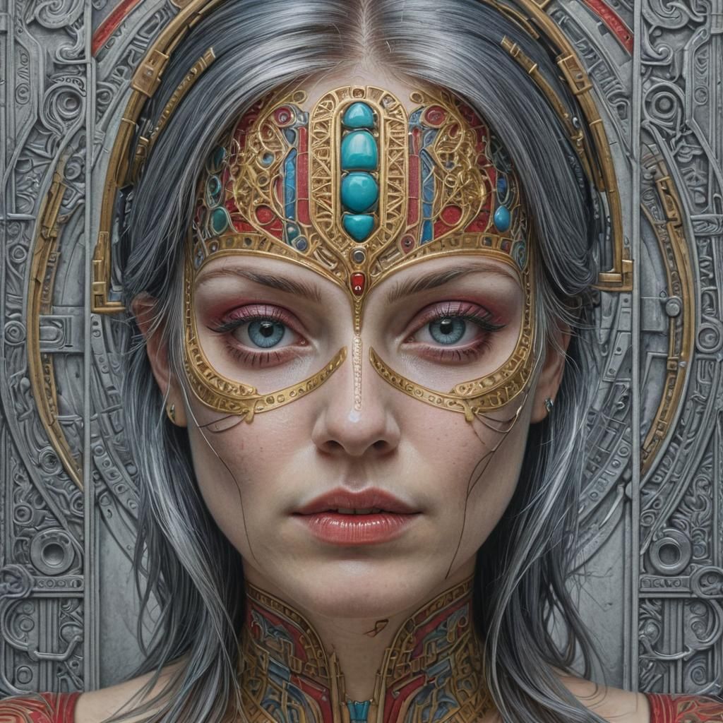 A detailed portrait of a woman with symmetrical features, blue eyes ...