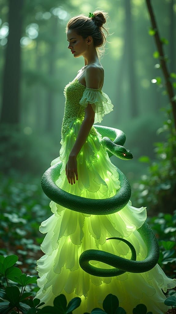 Beauty with Green Snake 😍 - Mystical Woman in Clover Leaf G...