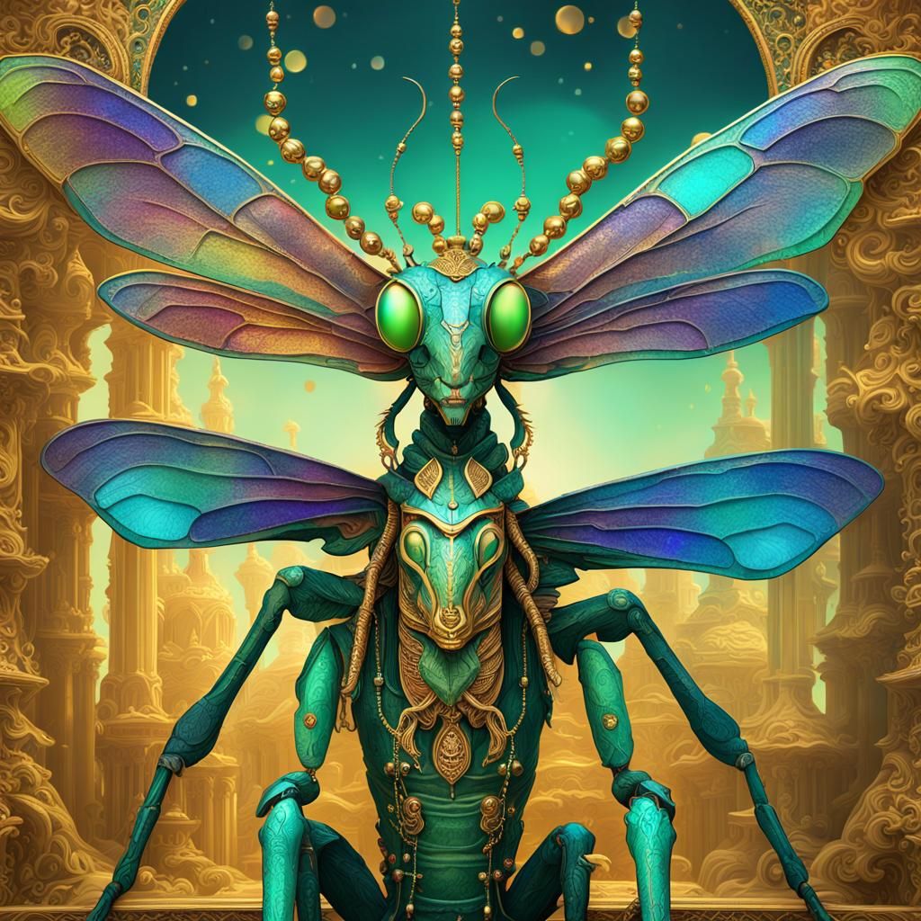 art masterpiece, baroque style, portrait of a magical mantis, ancient ...
