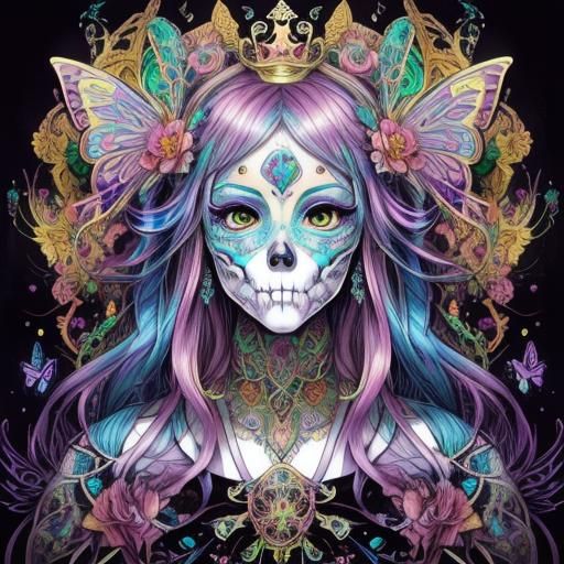 (Hyper detailed anime art of a skull with butterfly inspired Venetian ...