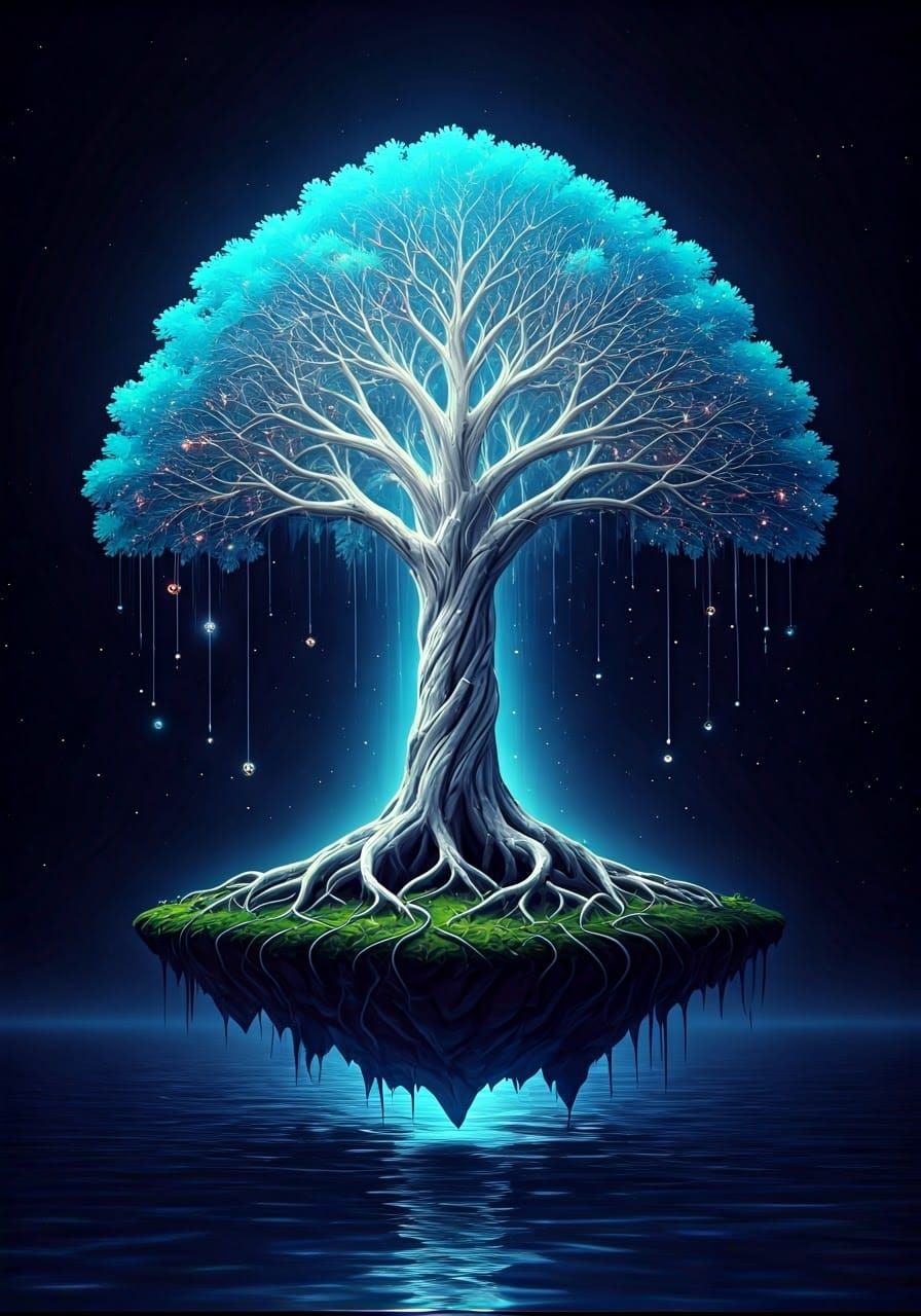 A magnificent, otherworldly tree rising from a floating island ...